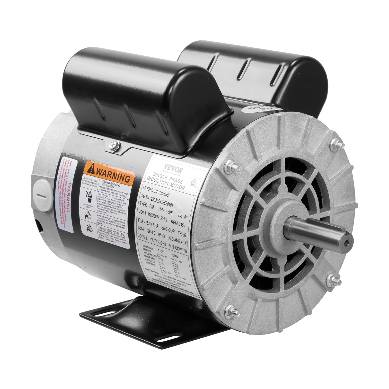 VEVOR 2HP SPL Air Compressor Electric Motor, 115/230V, 15/7.5Amps, 56 ...