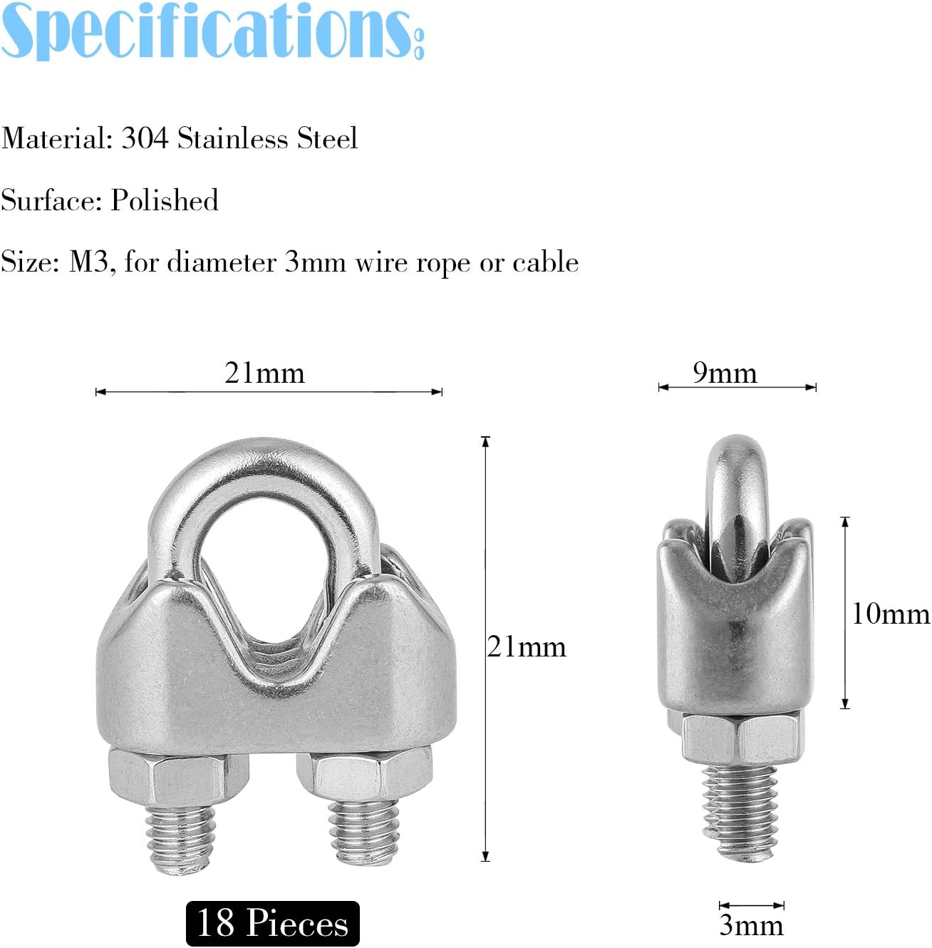 HSEAMALL 18 PCS M3 Wire Rope Clip U Clamp,304 Stainless Steel Cable ...