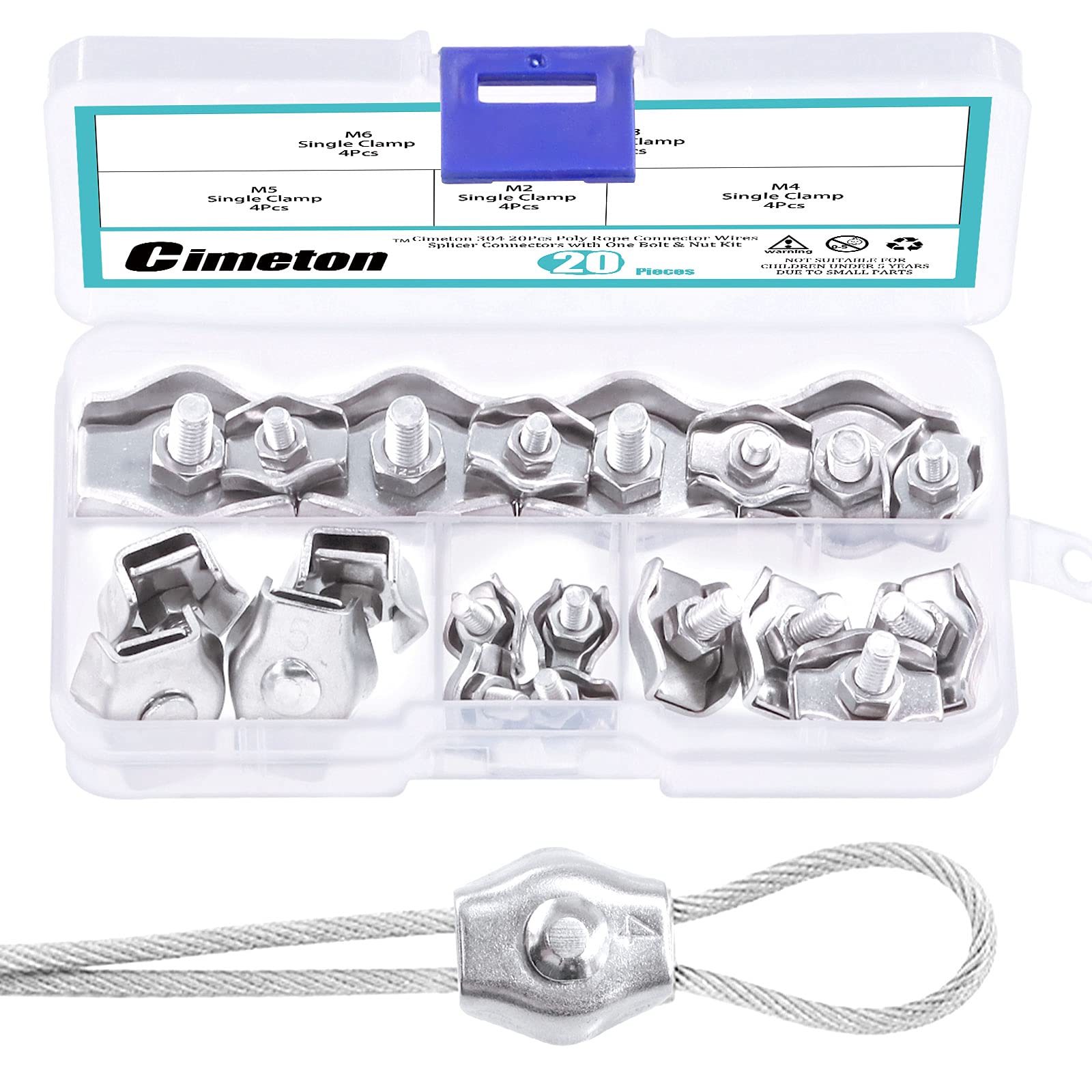 Cimeton 20Pcs Poly Rope Connector Wire Rope Clip Cable Clamps 304 ...