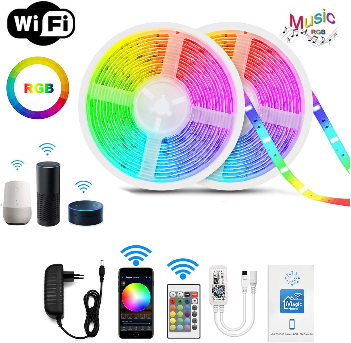 Luces de Tira LED 10Metros WiFi, Impermeable Tira de LED Kit Completo ...