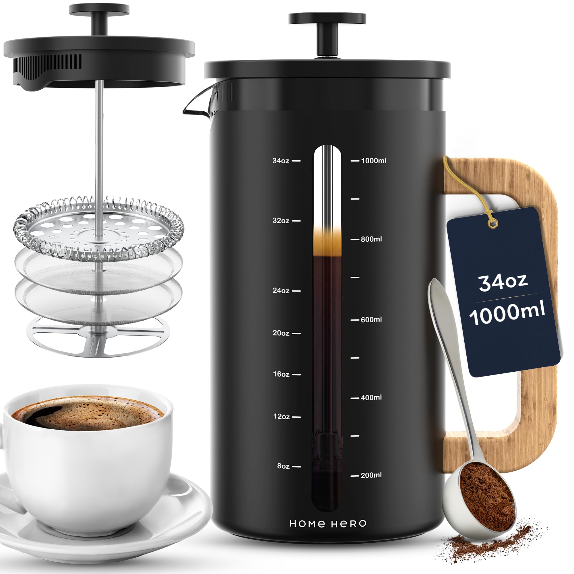 Home Hero French Press Coffee Maker - 34 oz Coffee Press with Bamboo ...