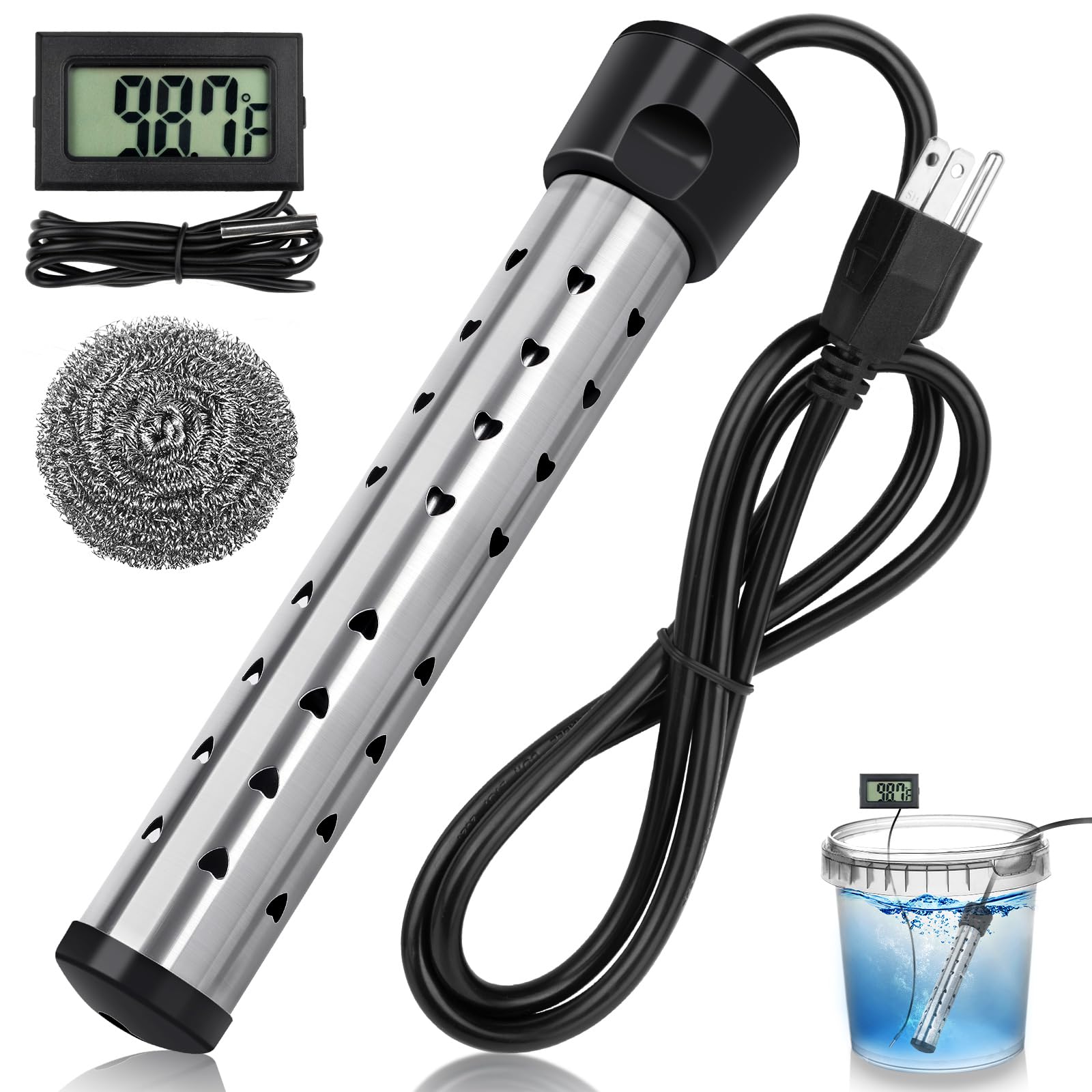 Submersible Heater 2000W Immersion Water Heater - Portable Bucket ...