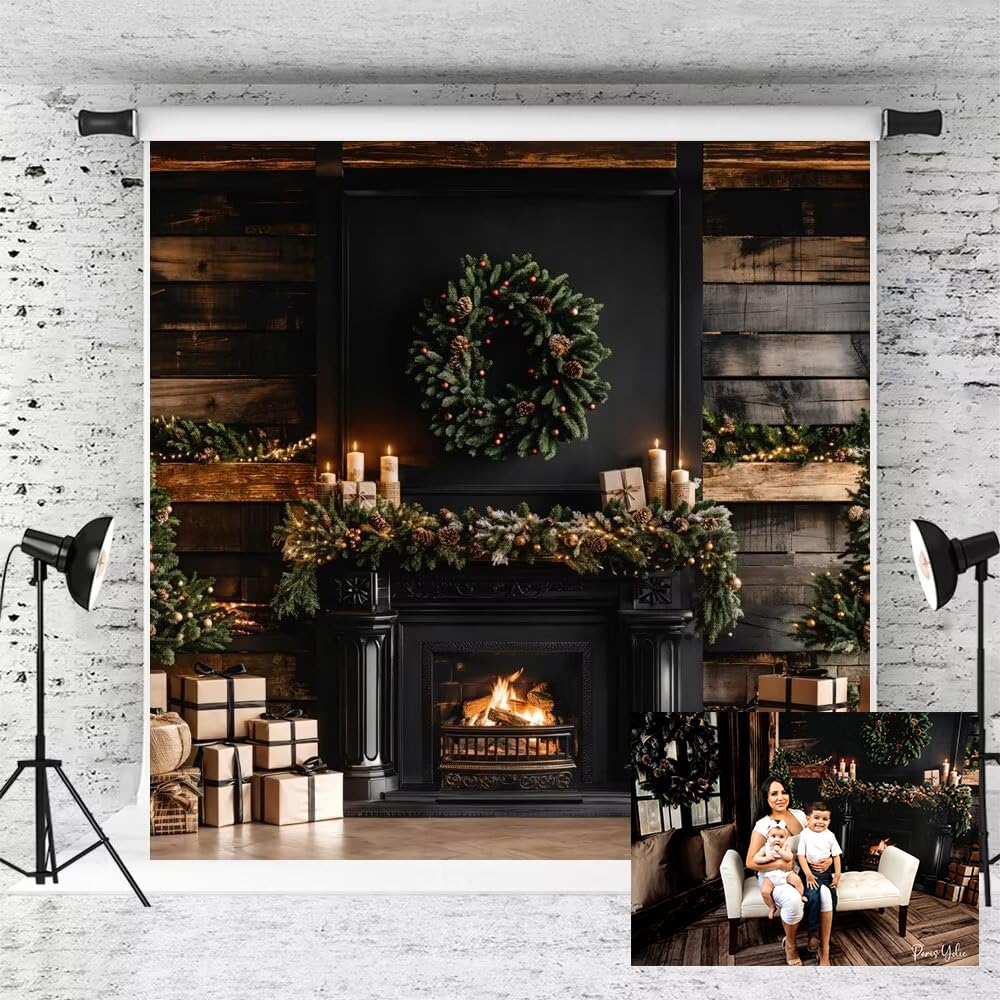 Kate Christmas Fireplace Backdrop Christmas Trees and Gifts Background Winter Black Modern Brown ...