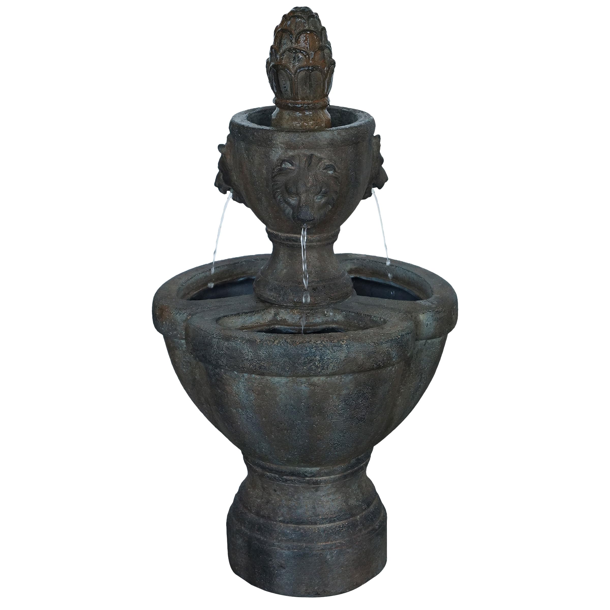 Outdoor Fountain – Polyresin 2-Tier Water Feature with Lion Head ...