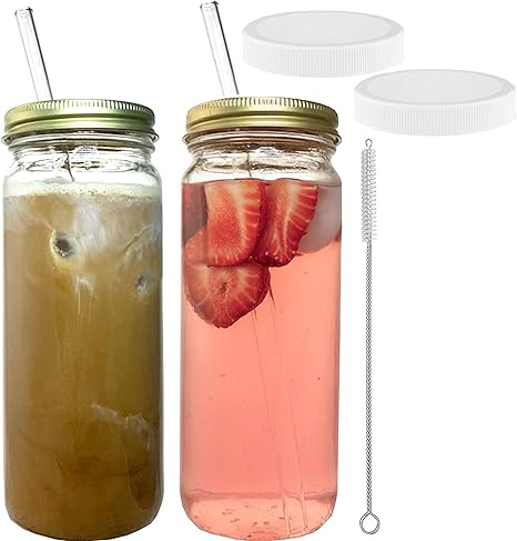 Reusable Smoothie Cups Glass Water Bottle Jar with Lids and Straws ...