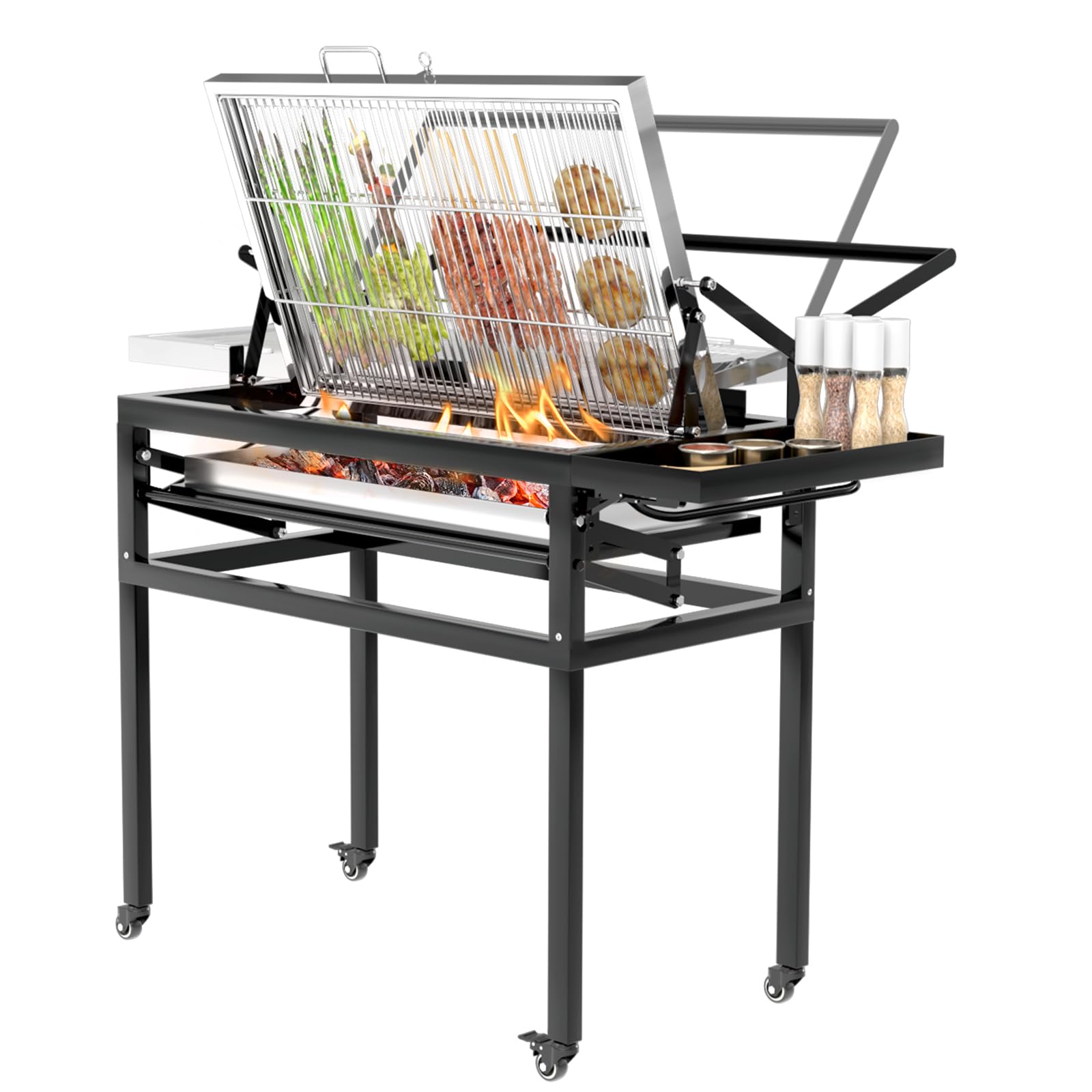 BBQ Charcoal Grill with Cart, Heavy Duty Square Outdoor Detachable Portable Grill, 360° Rotating ...