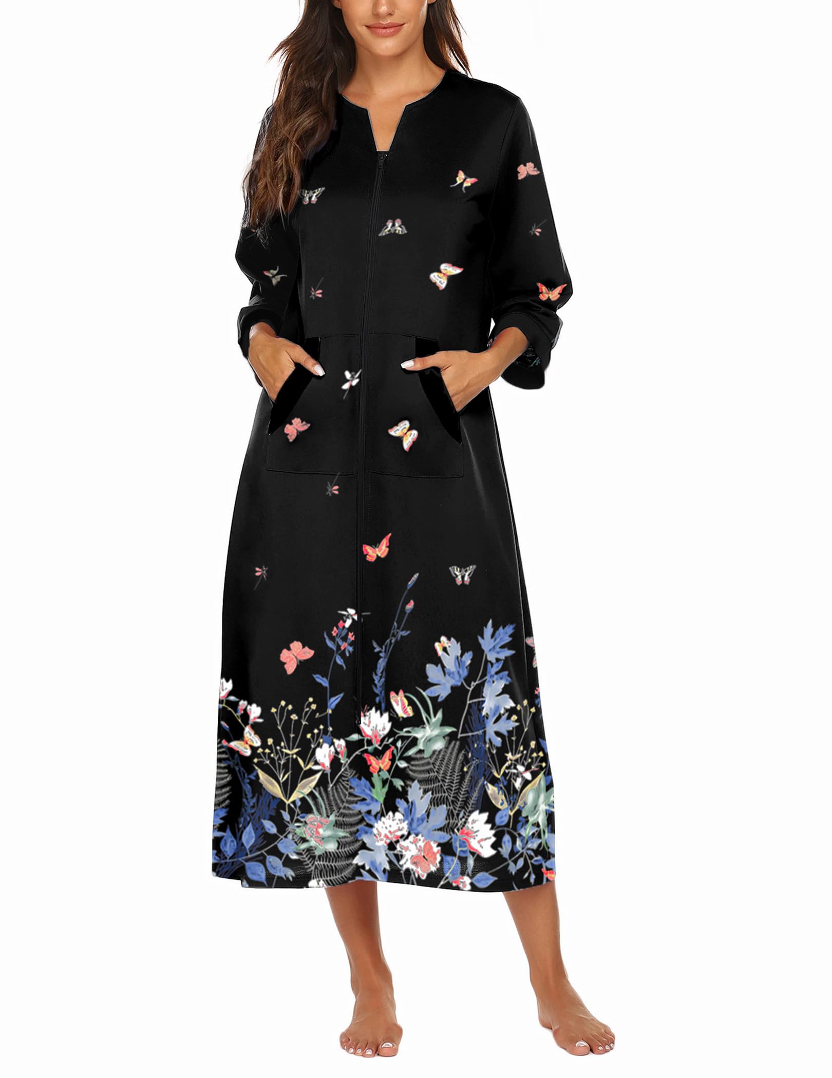 Ekouaer Robe for Women Zipper Robe 3/4 Sleeves Loungewear Full Length ...