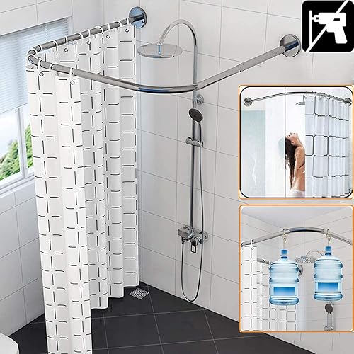 Telescopic Bathroom Rod 30-37 Inches No-Drill Curved Shower Rod ...