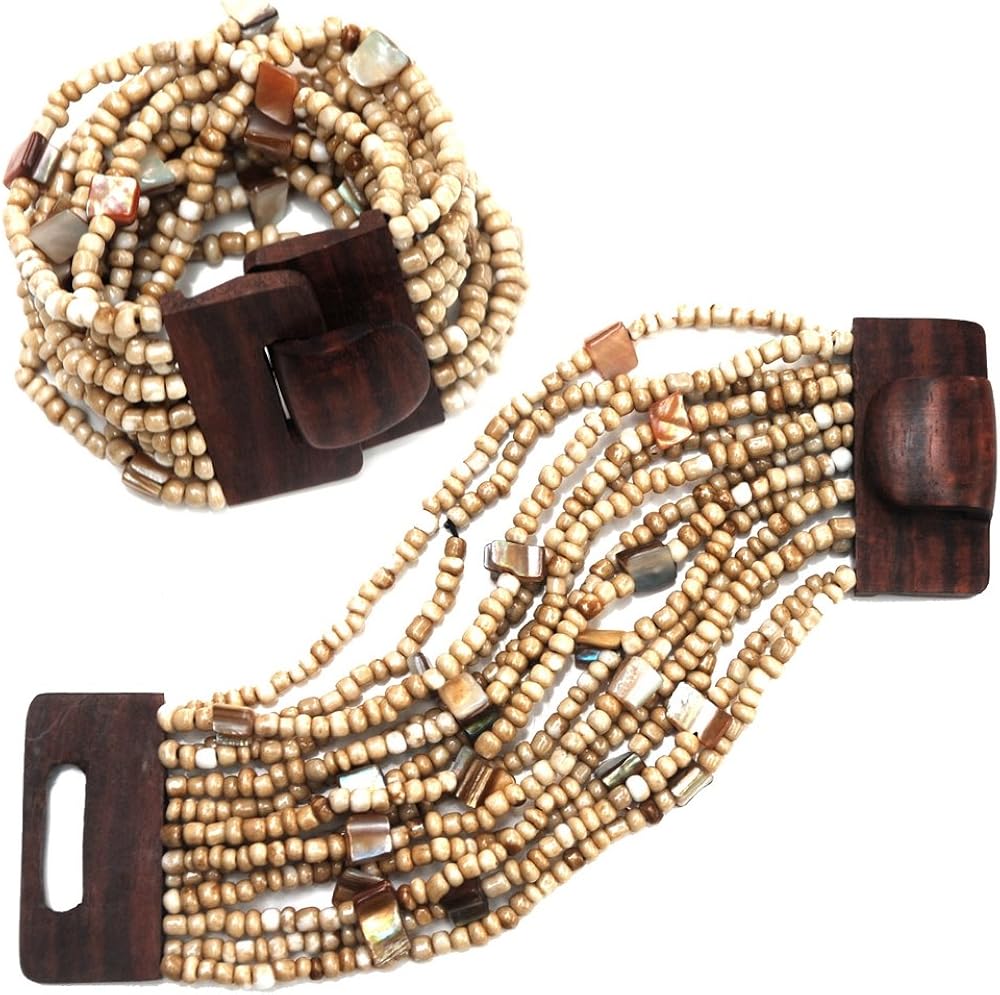 Amazon.com: Antique Bone Beaded Bali Bracelet with Hard Wood Buckle ...