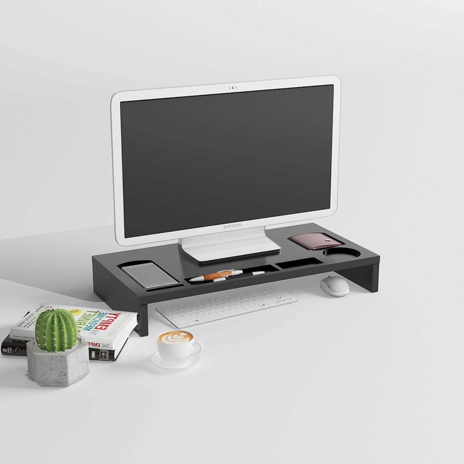 P&W Wood Monitor Stand Riser, Desk Monitor Stand with Smartphone Holder ...