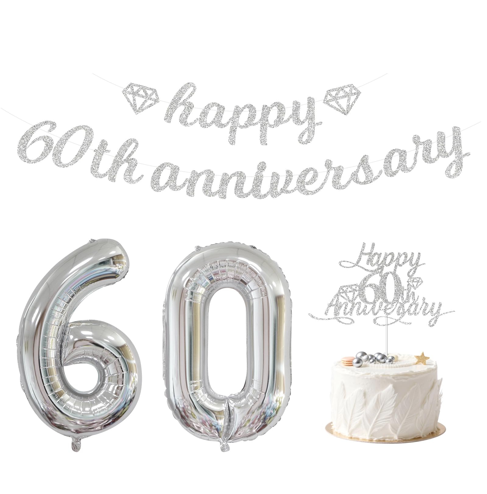 Happy 60th Anniversary Party Decorations Include Silver Glitter Banner ...