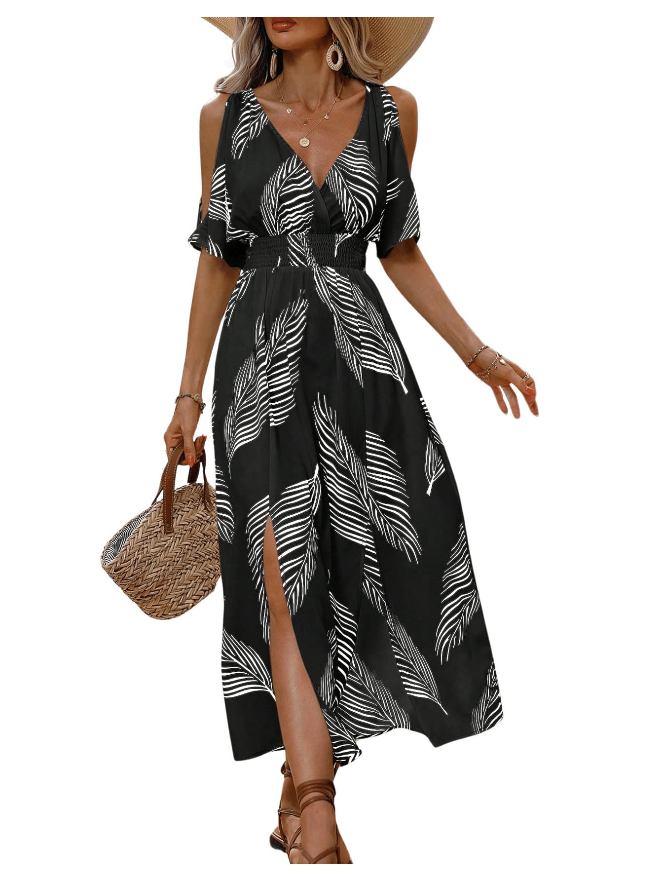 Verdusa Women's Summer Maxi Casual Dresses 2024 Cold Shoulder V Neck ...