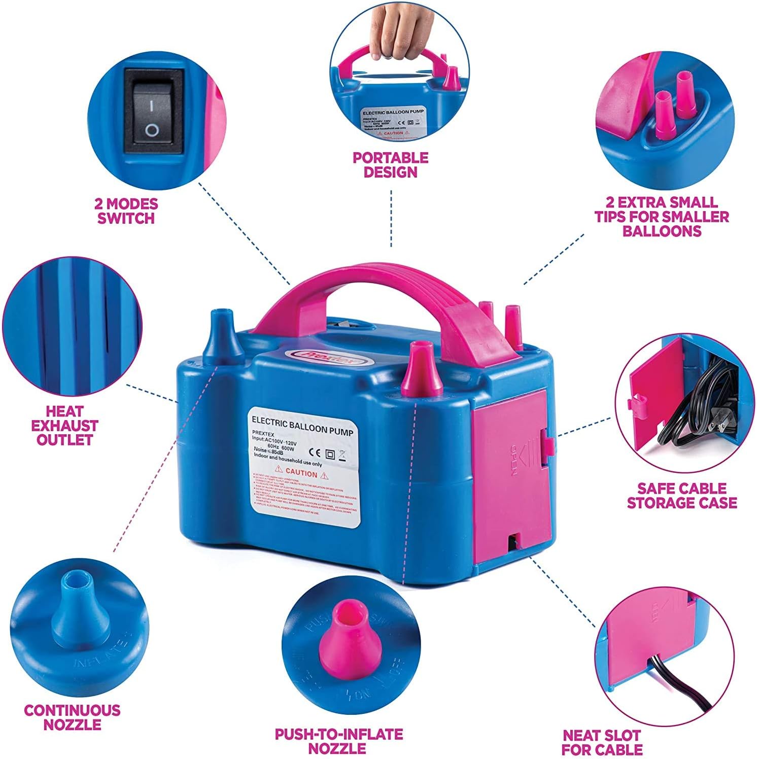 Prextex Balloon Pump Electric Air Blower Dual Nozzle Portable Balloon ...