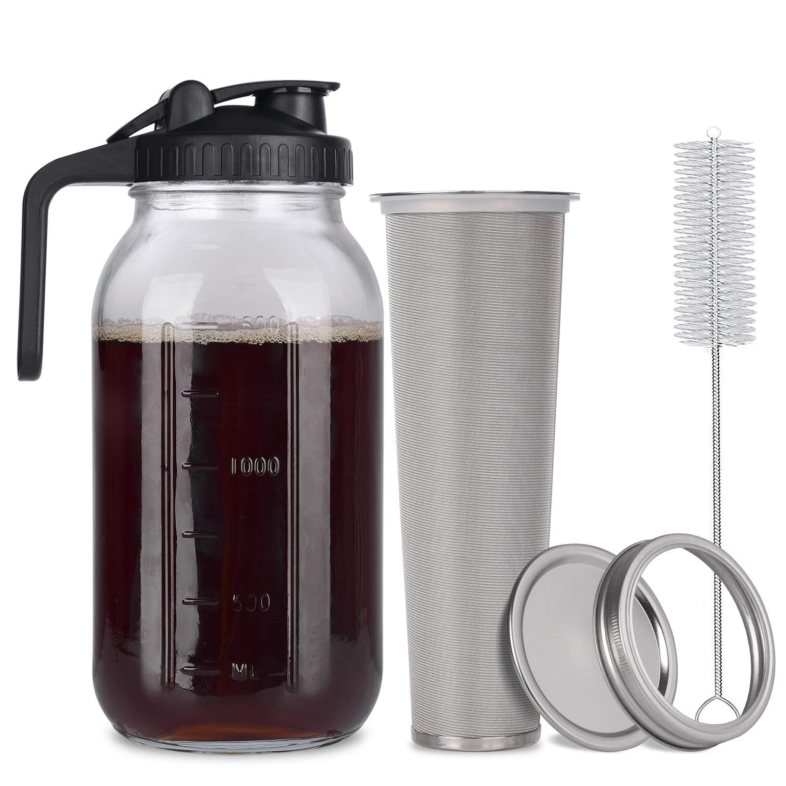 Cold Brew Mason Jar iced Coffee Maker, Durable Glass, 64 oz (2 Quart / 1.9 Liter), With Handle ...