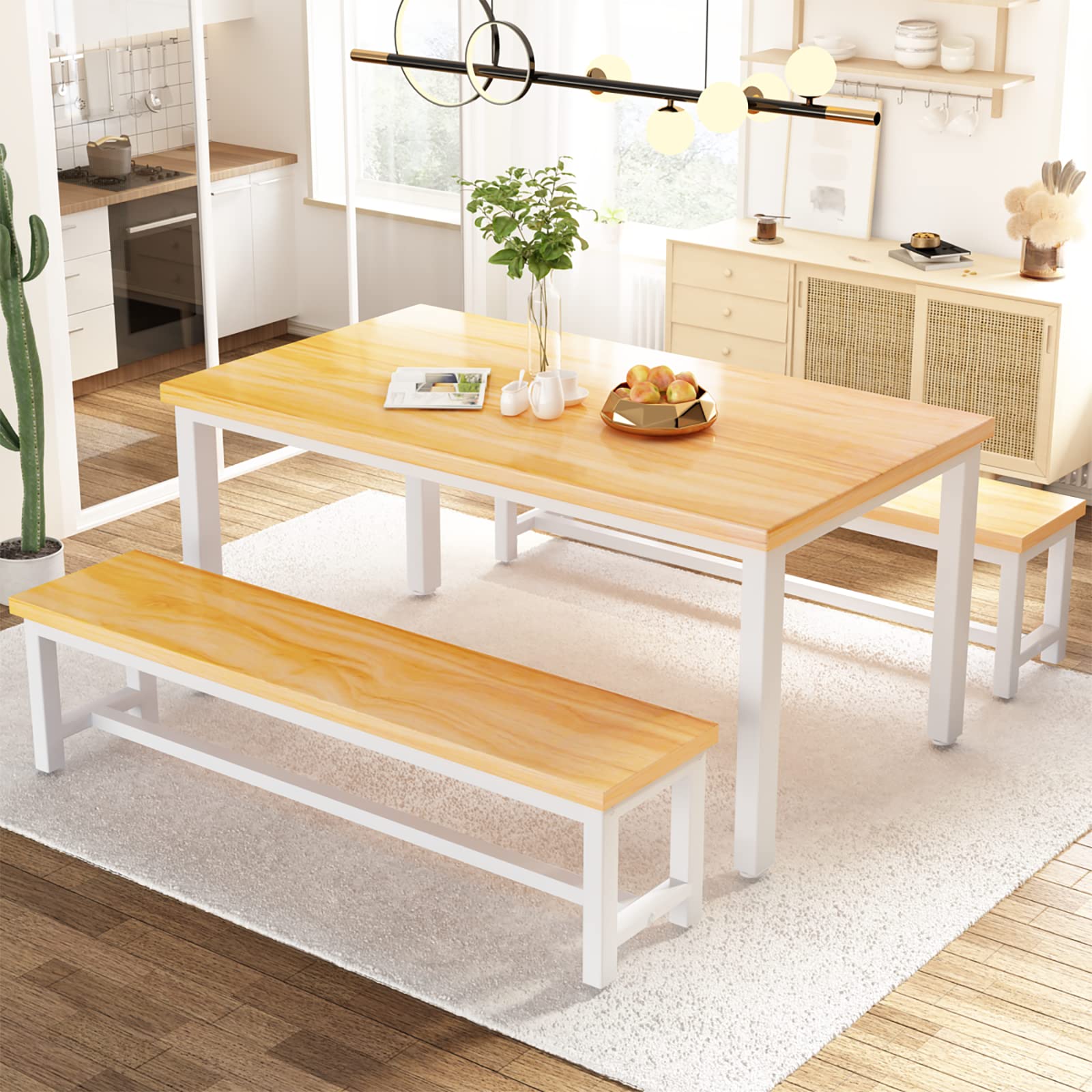 AWQM Dining Room Table Set, Kitchen Set with 2 Benches, Ideal for Home ...