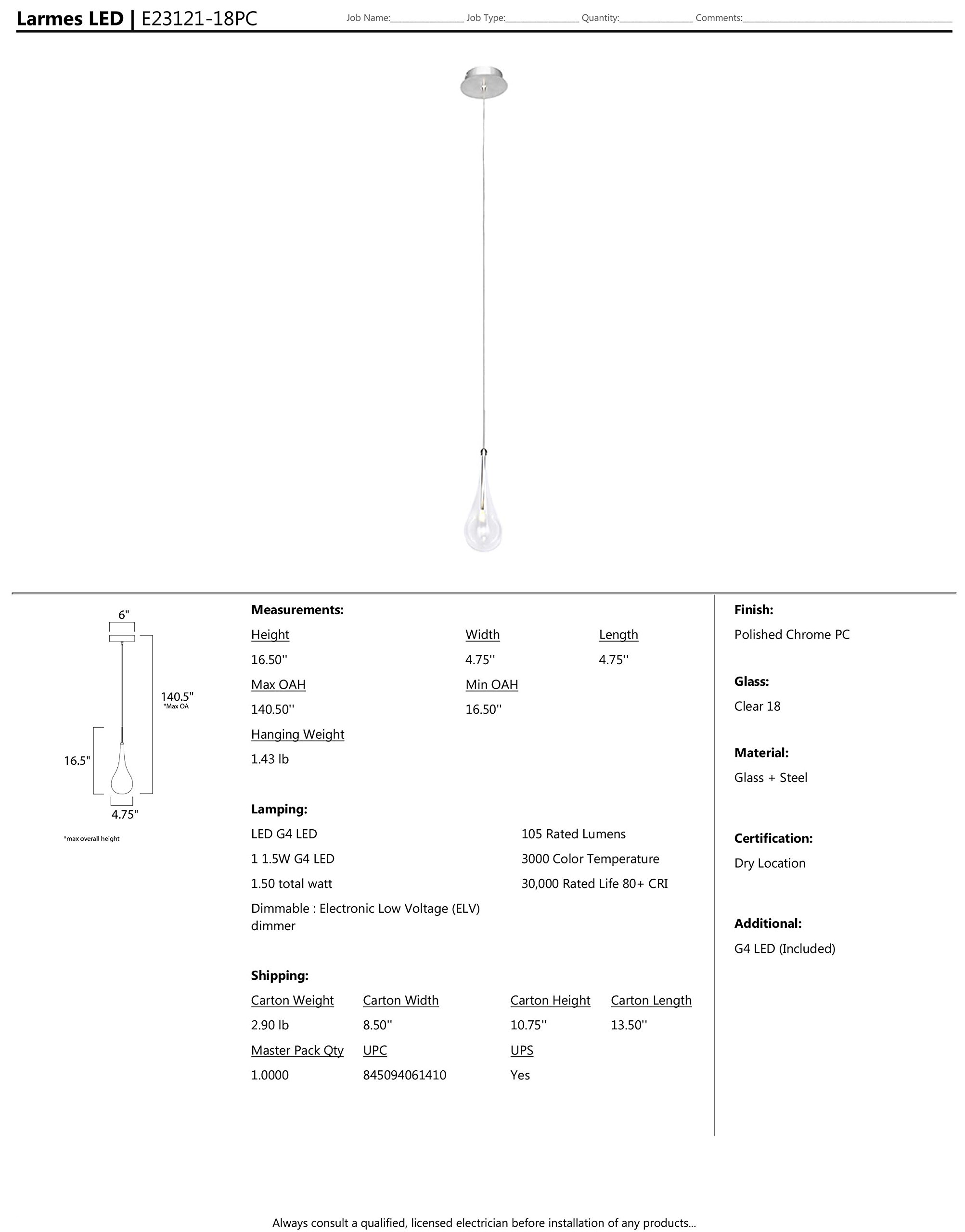 ET2 E23121-18PC Larmes 1-Light LED Single Pendant, Polished Chrome ...