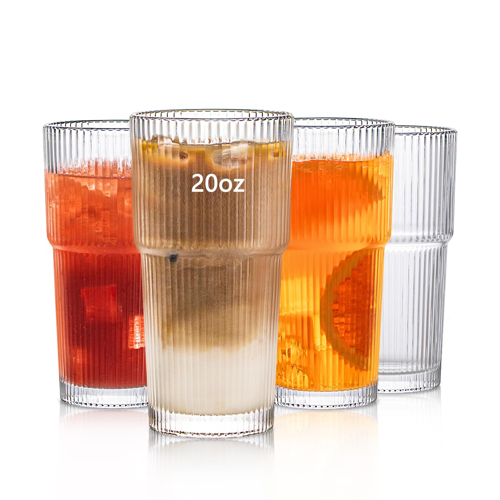 INSETLAN 20oz Ribbed Glass Tumbler Set of 4 – Large Capacity Drinking ...