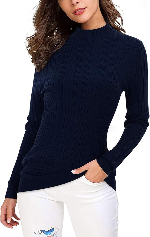 OUGES Women's Lightweight Stretchy Long Sleeve Pullover Cable Knit Mock ...