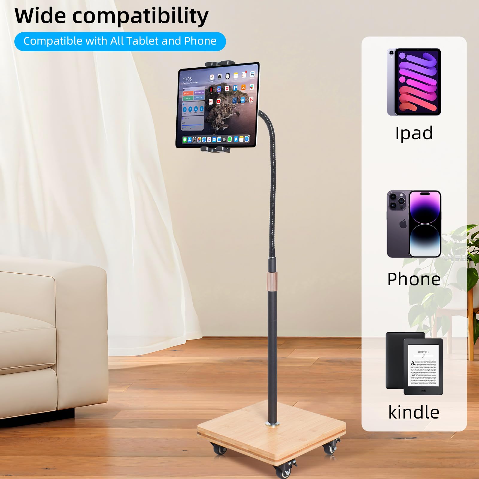 Ipad Stand Floor with Wheels,Adjustable Height Tablet Floor Stand for ...