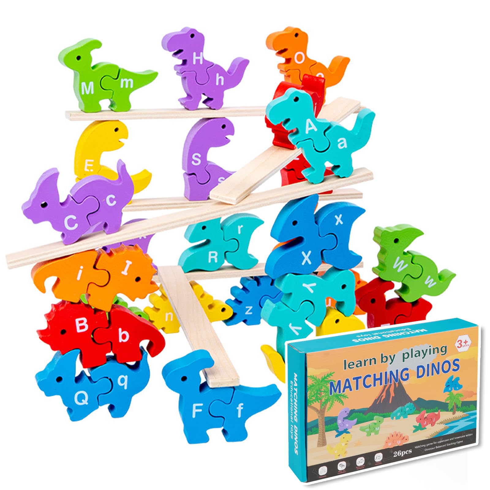 Protado Wooden Alphabet Matching Toy, 52 Pcs Double-Sided ABC Dinosaur ...