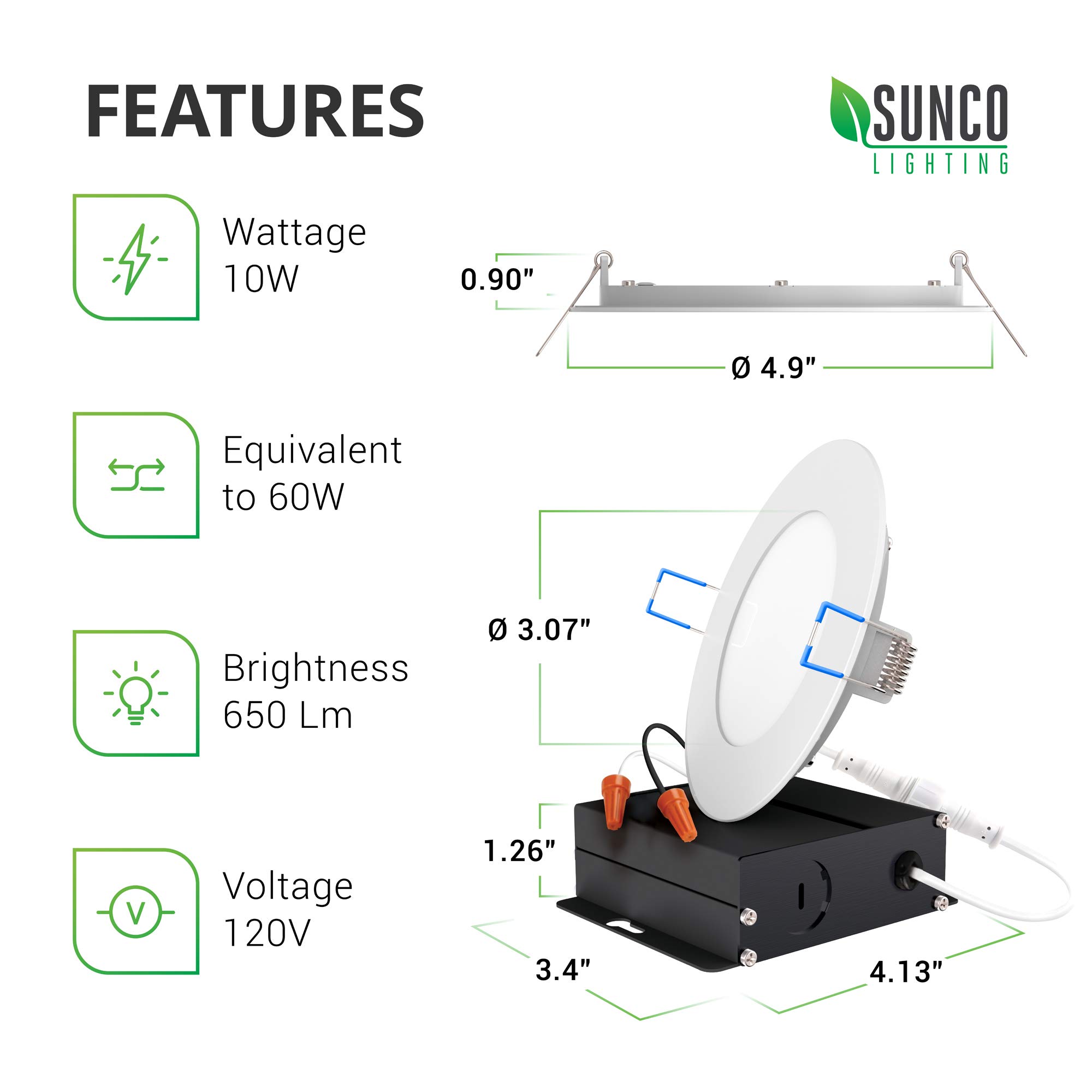 Sunco Lighting 4 Inch Slim LED Downlight with Junction Box,10W=60W, 650 ...