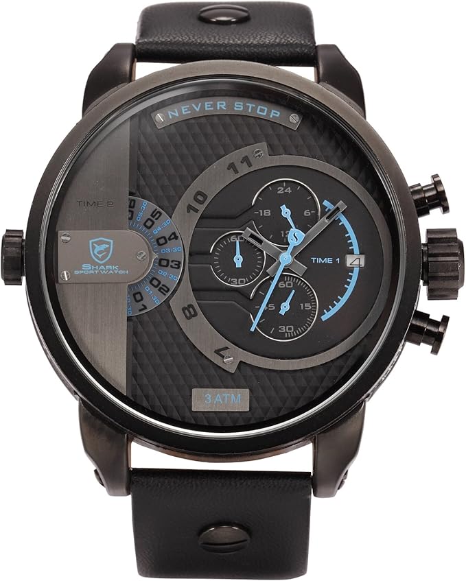 Shark Army Military Mens Oversized Dial Dual Time Date Black Leather ...