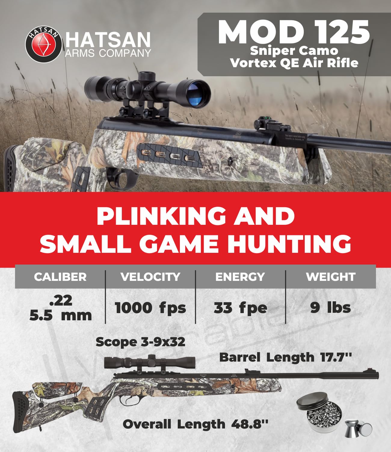 Hatsan Mod 125 Sniper Camo .22 Cal 1250 FPS / 33 FPE - Vortex Piston ...