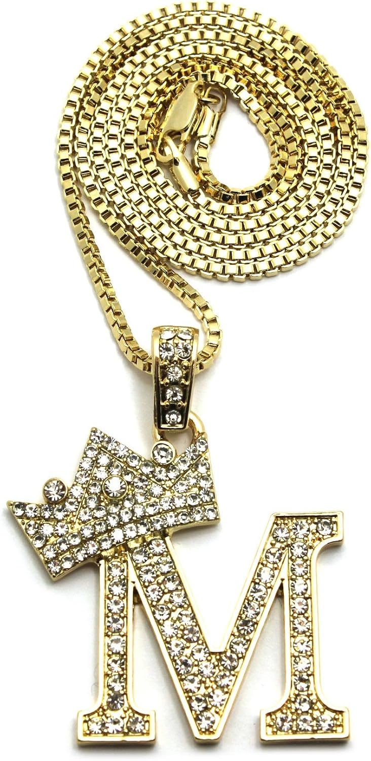 ICED OUT KING 'M' PENDANT & 24" BOX/CUBAN/ROPE/FOX CHAIN HIP HOP ...