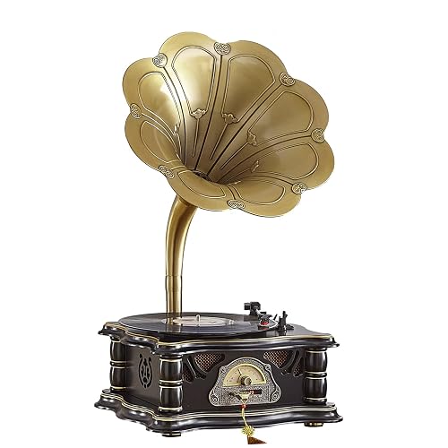 Wooden Vintage Gramophone Record Player with USB Play & Remote Control ...