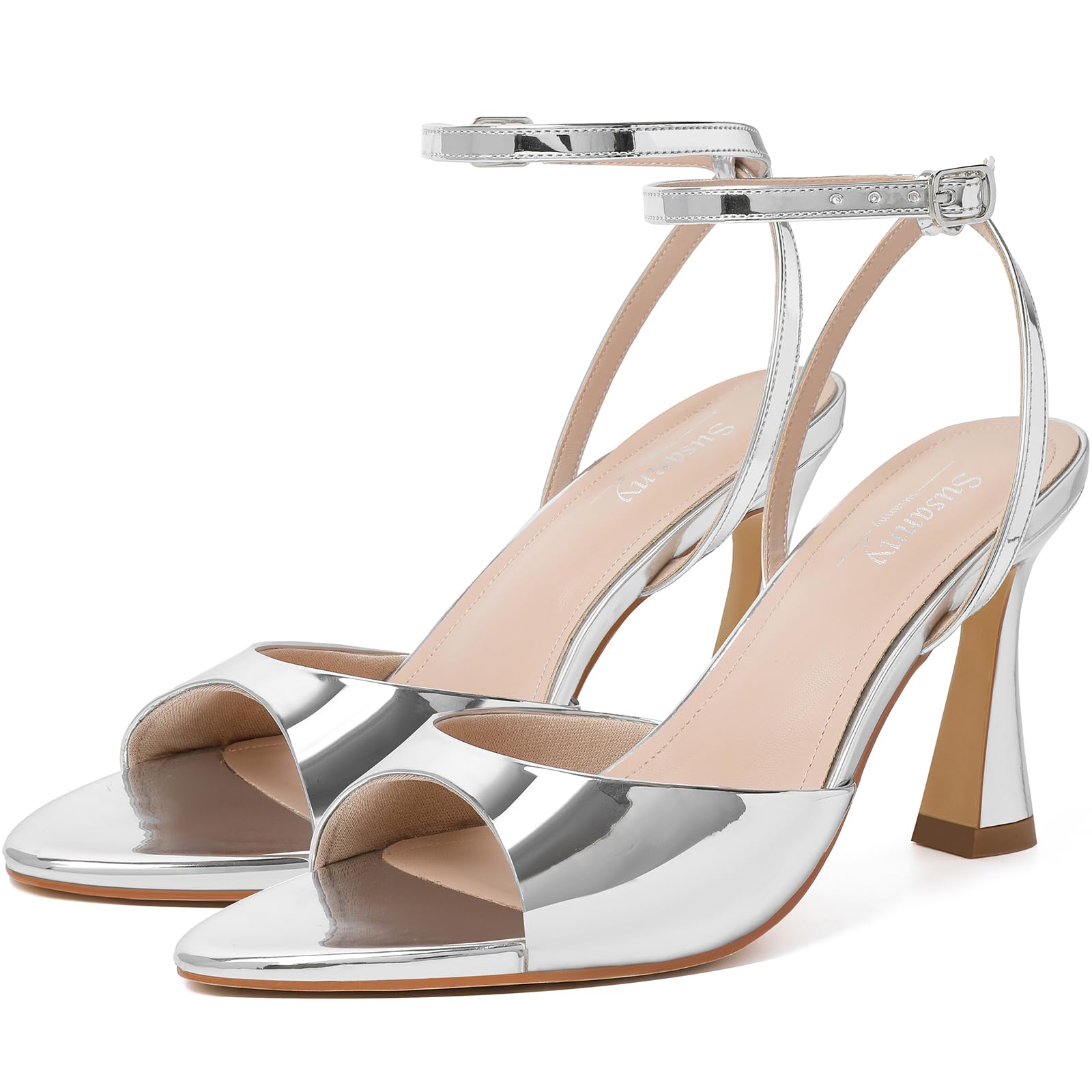 Susanny Silver Heels for Women Pointed Open Toe Strappy Chunky Block ...