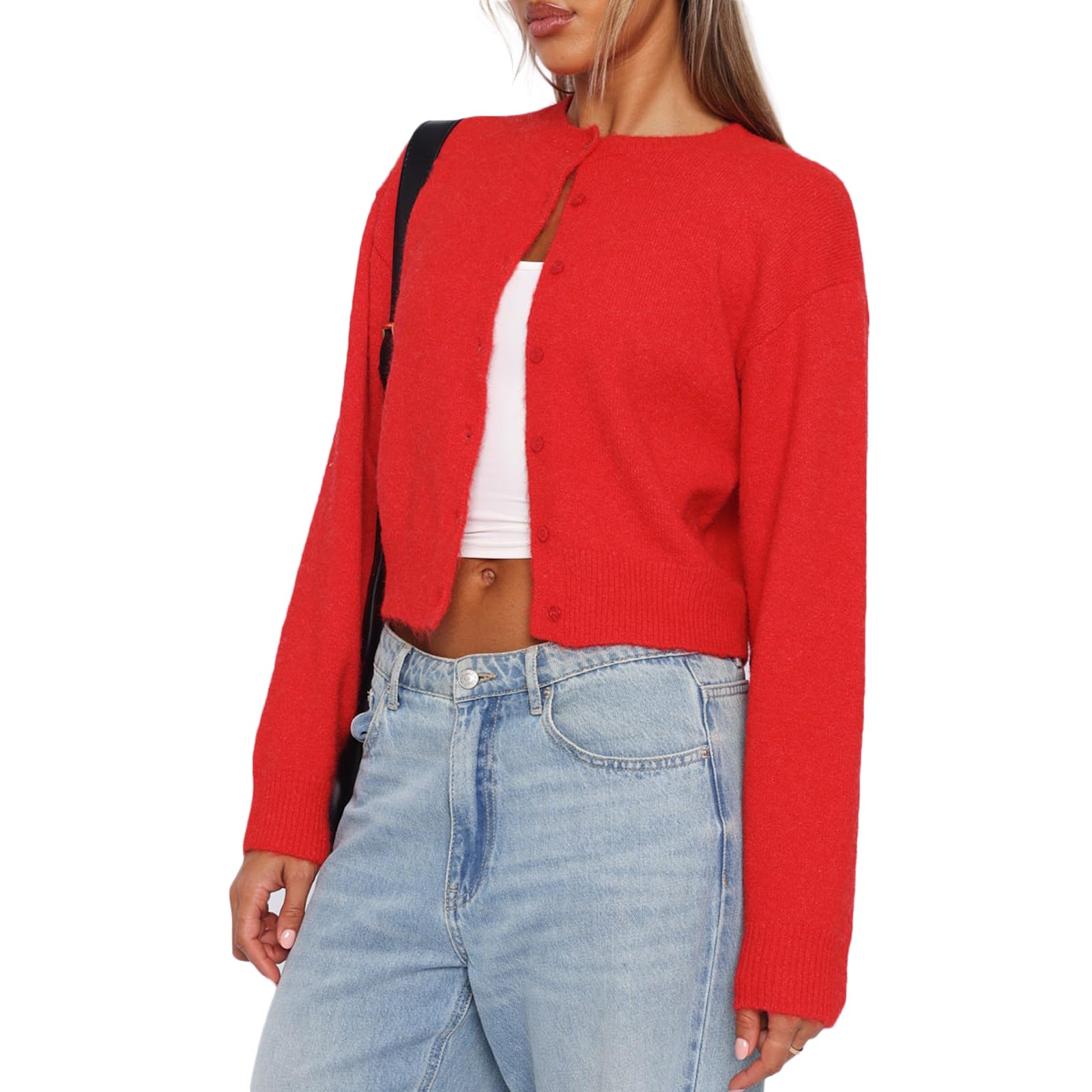 RUEWEY Women Y2k Crew Neck Button Down Long Sleeve Cropped Cardigan ...