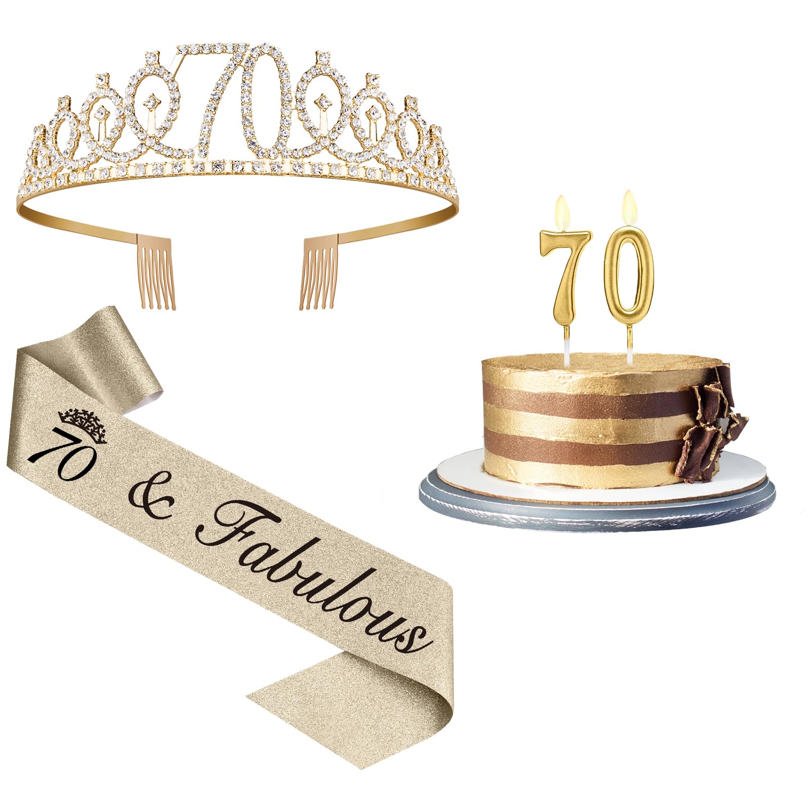 70th Birthday Decorations for Women Gold with Sash and Tiara, Gold ...