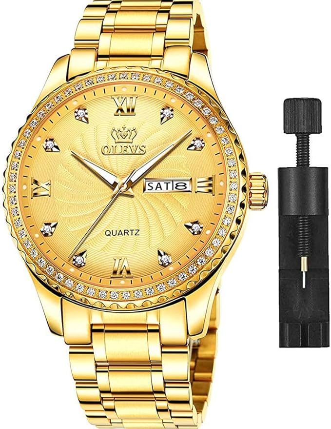 OLEVS Men Watch Gold Stainless Steel Luxury Business Analog Quartz ...