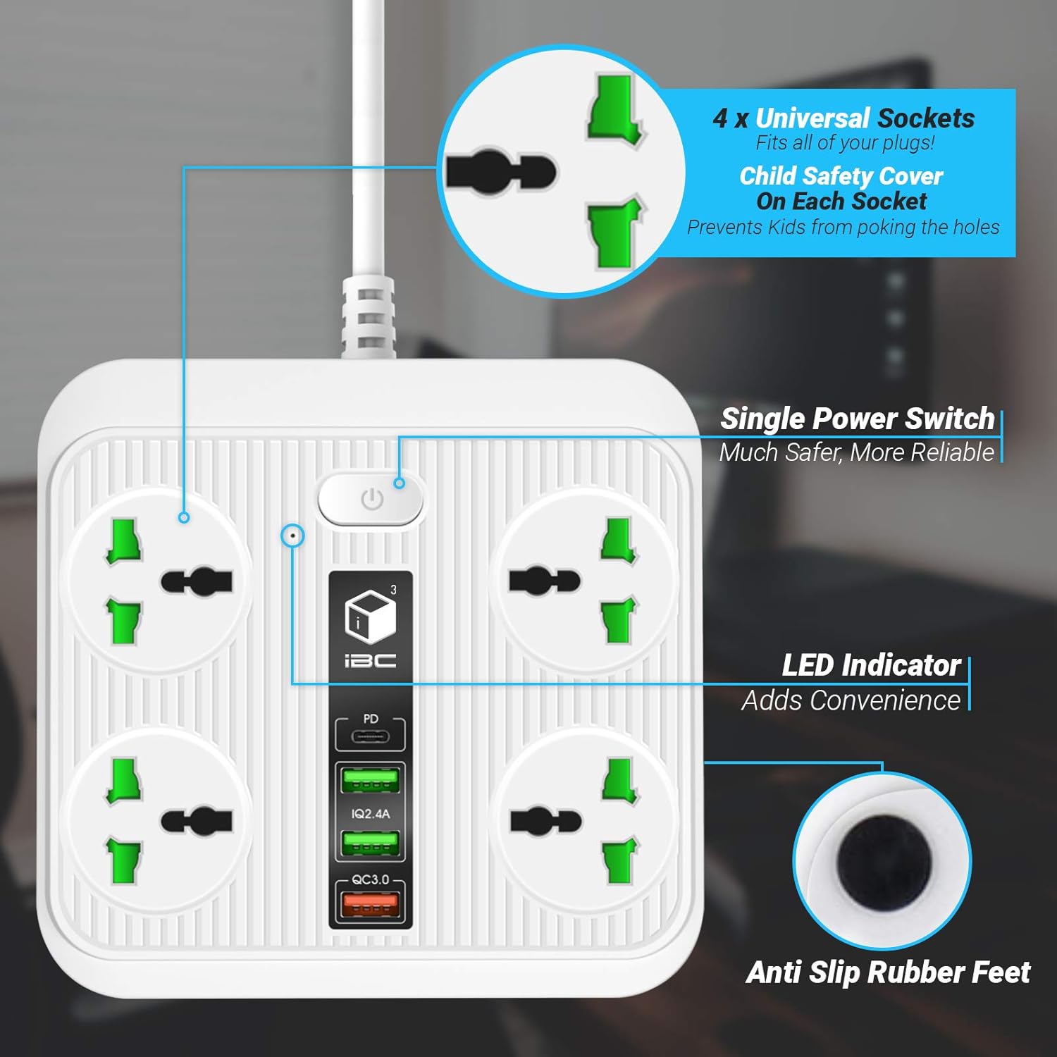 iBlockCube® Universal Extension Lead with 3 USB Ports 4 Way Surge ...