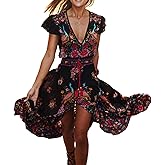 R.Vivimos Women's Summer Cotton Half Sleeve Ruffles V Neck Floral Print Tunic Dress (Large ...