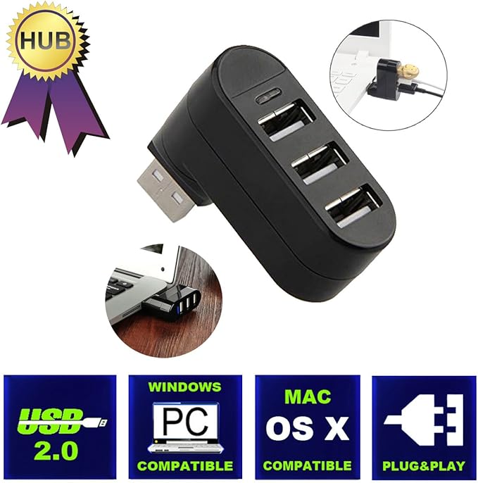 Ouonline 3 Ports USB 2.0 Hub 180 Degrees Rotation Mini Rotate External ...