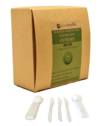 Green Breathe Disposable Compostable Cutlery Set {300 Pack} | 100 Forks ...