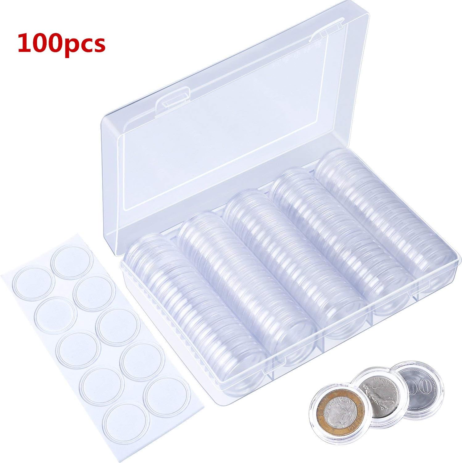 Coin Capsules,Plastic Coin Holder 100 Pieces with Foam Gasket in Clear ...
