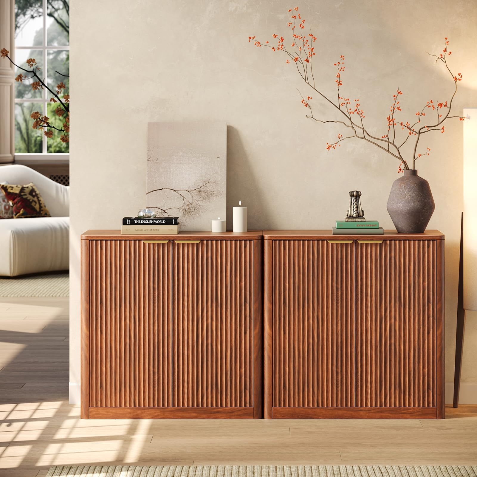 Hootata 63" Walnut Buffet Cabinet with Storage, Large Fluted Sideboard ...