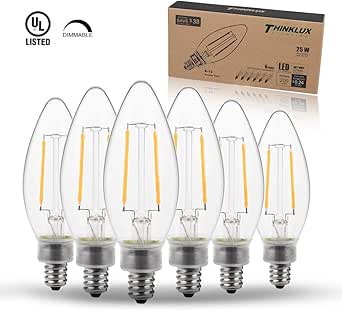Thinklux LED Filament Candelabra Bulb, 2 Watt, 25 Watt Equal Bullet Tip ...