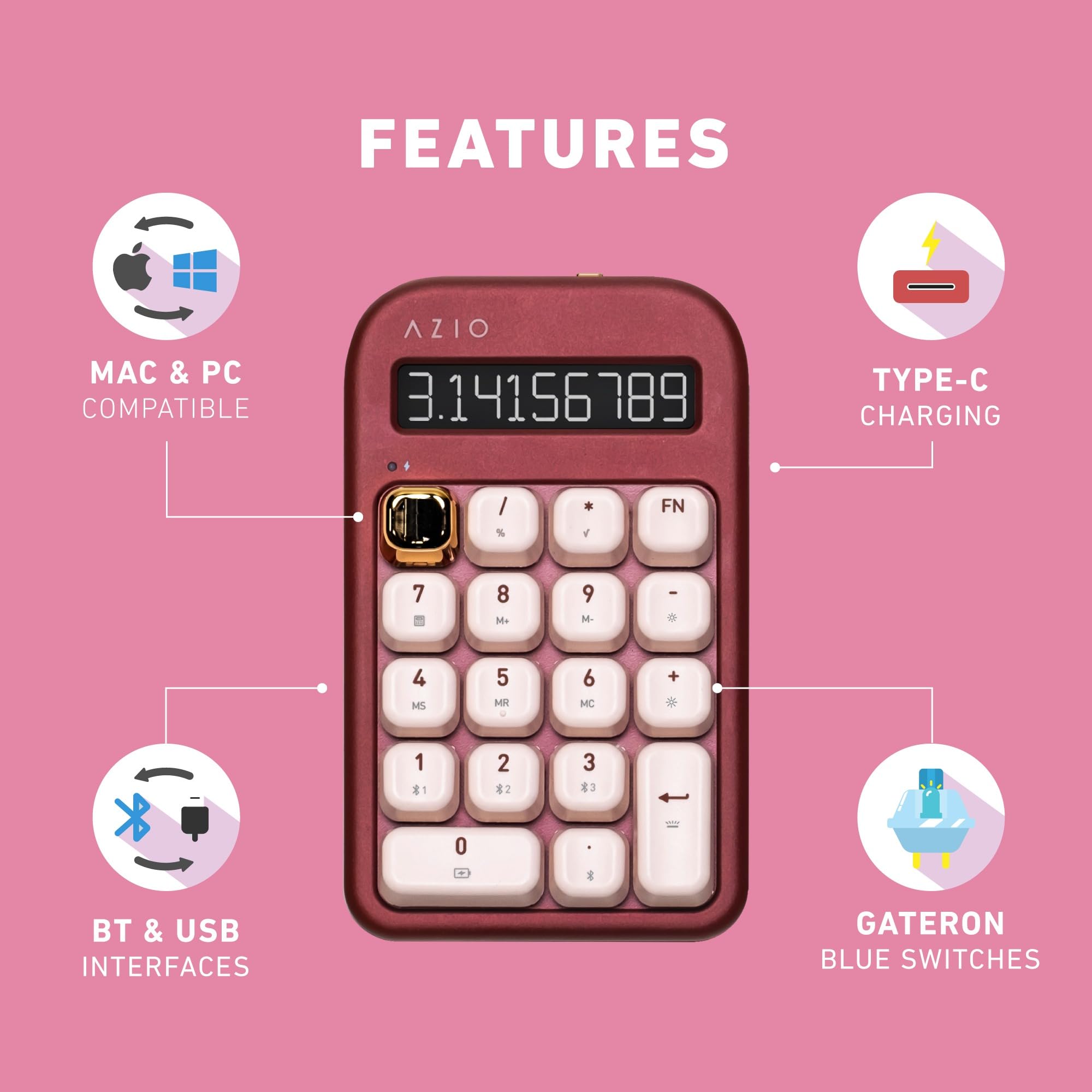 Mua AZIO IZO Wireless Mechanical Calculator & Number Pad (Red/Gold ...