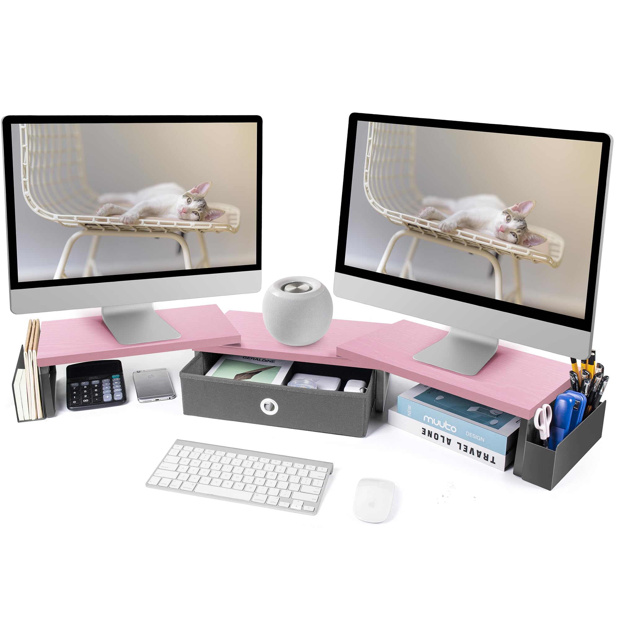 Dual Monitor Stand Riser w/ Drawer & Metal Leg, Large Computer Monitor ...