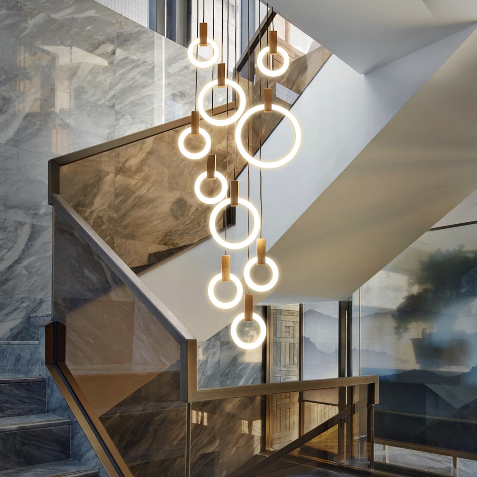JAYMP 10 Rings Modern Dimmable LED Chandeliers for Staircase High ...