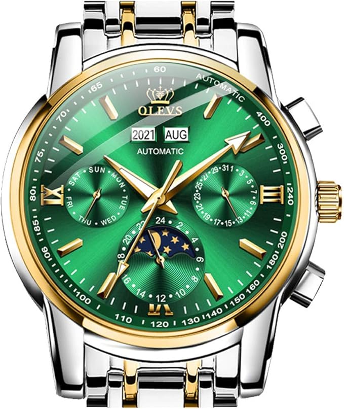 Green Watches for Men Automatic,Two Tone Stainless Steel Watch,Day Date ...