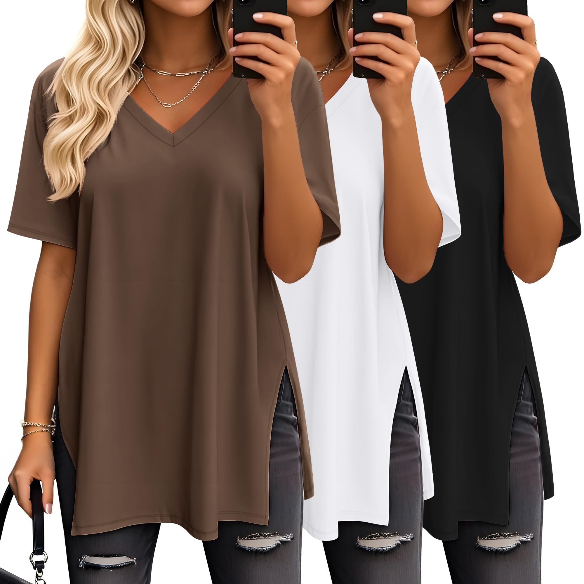 Huukeay 3 Pack Oversized Shirts for Women V Neck Workout T Shirt Casual ...