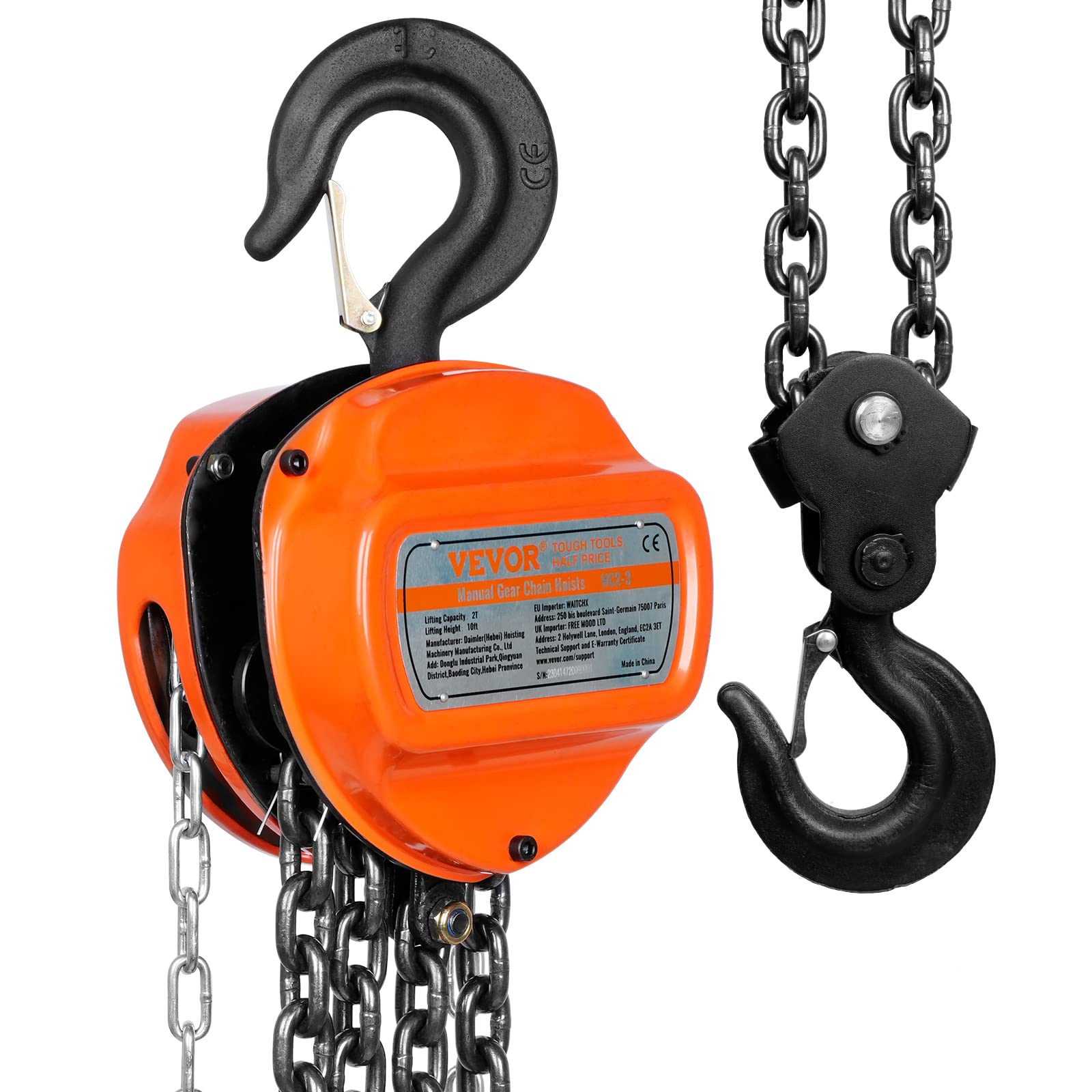 VEVOR Hand Chain Hoist, 2 Ton 4400 lbs Capacity 10 FT Come Along, G80 ...