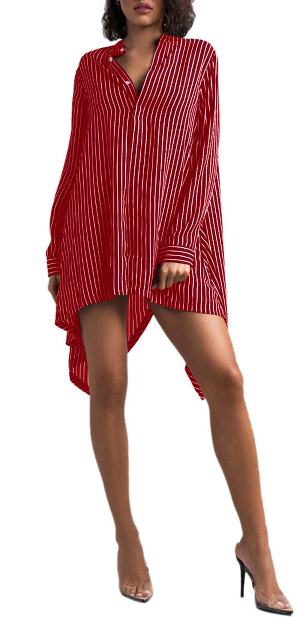 Women Striped Print Button Down High Low Hem Loose Blouse Tops ...