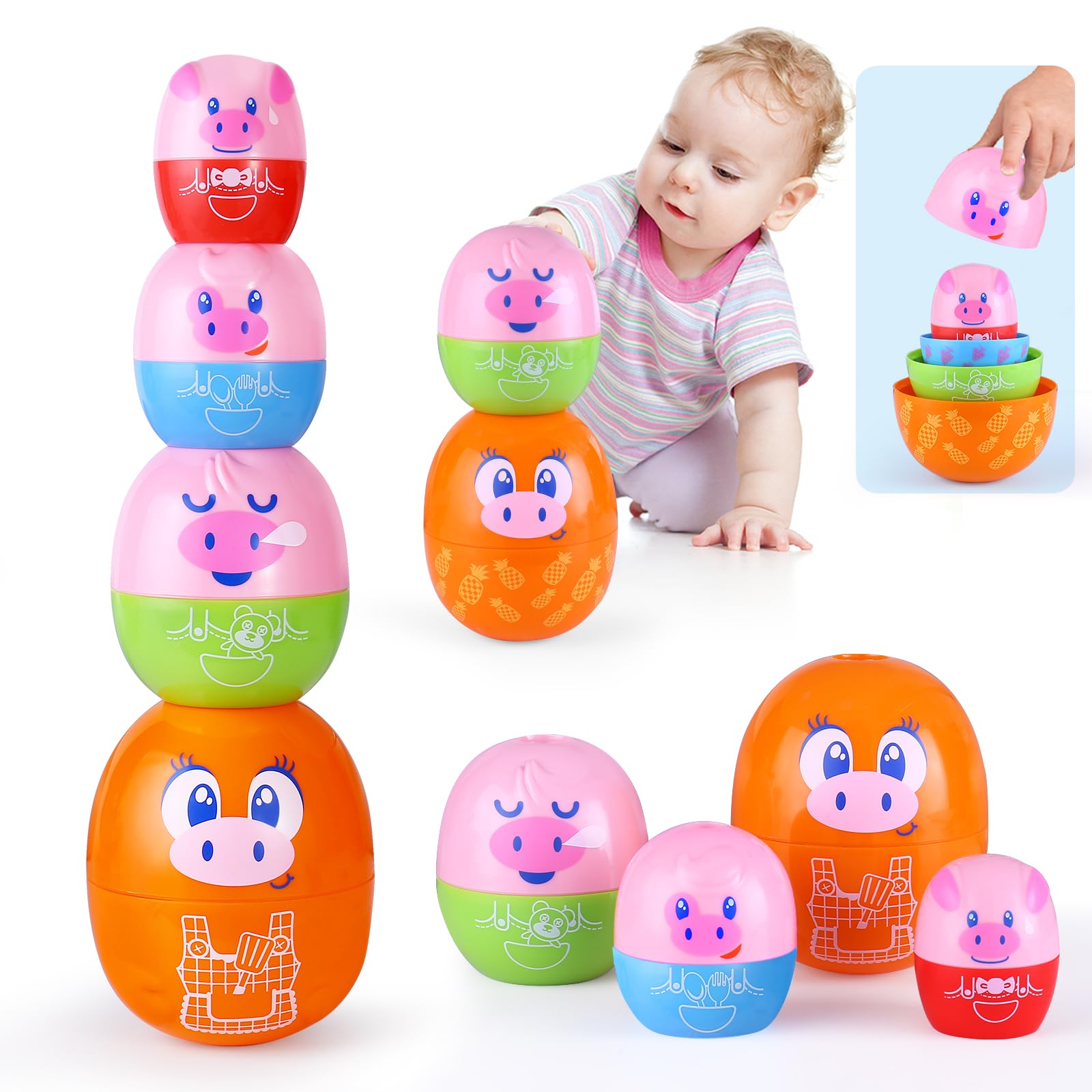 Wanonoo Piggy Toddler Stacking Nesting Toys for Toddlers 1-3, 8PCS Pig ...