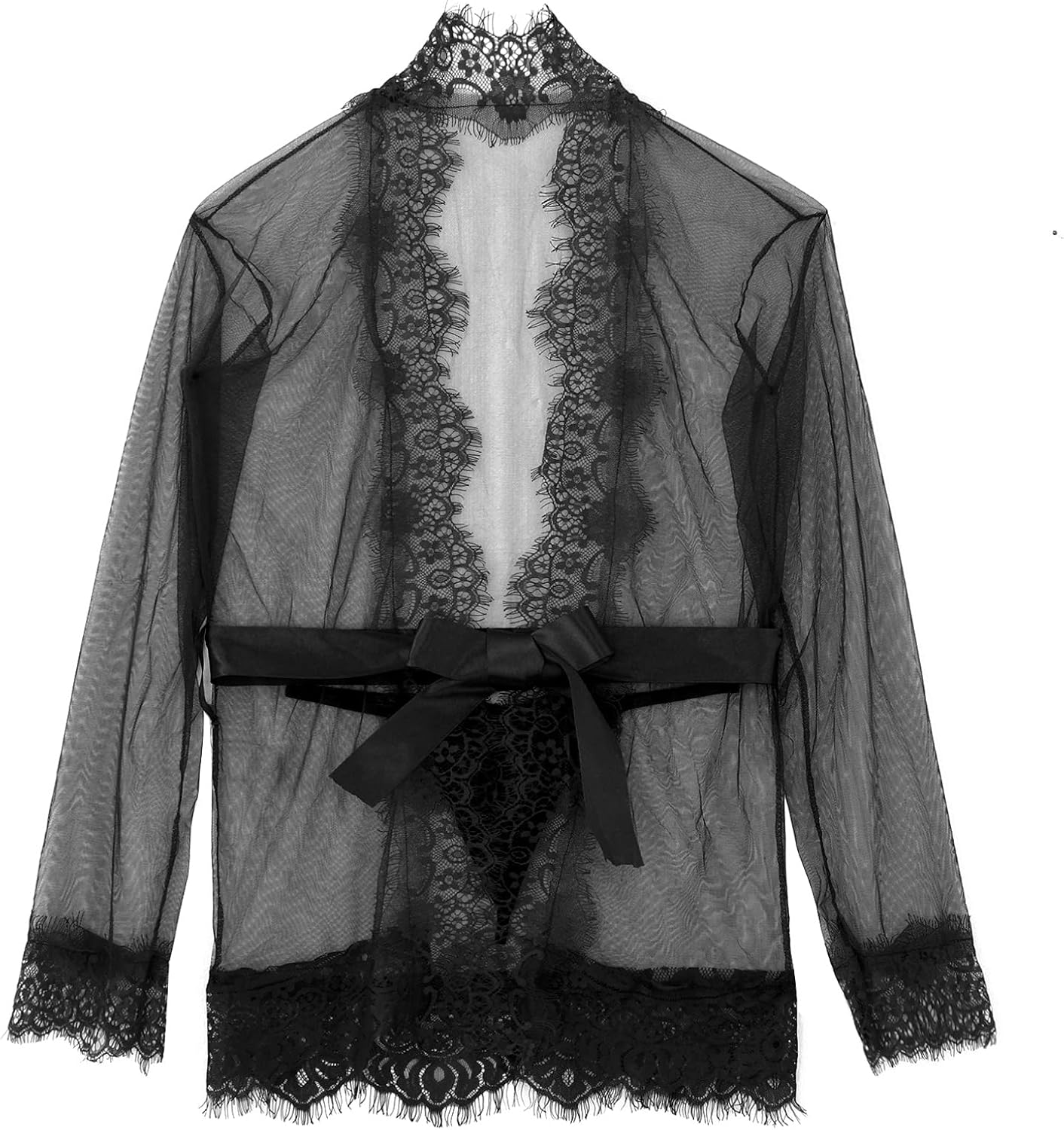 Moily Women's See Through Bathrobe Long Sleeves Lace Adorned Robe ...