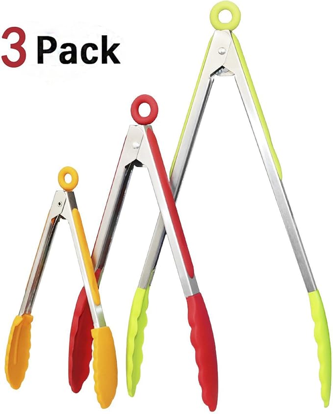 ZesGood Pack of 3 Non-Scratch Silicone Kitchen Tongs, Stainless Steel ...